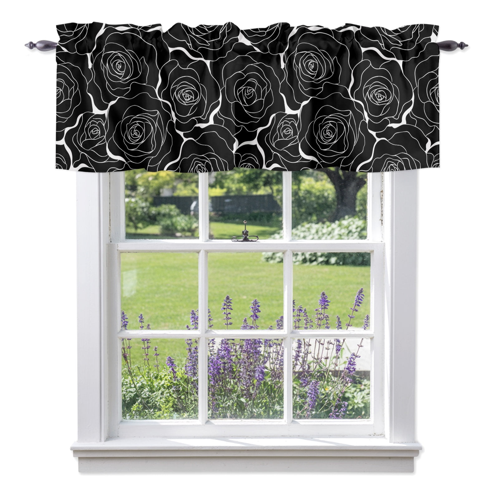Black Rose Valance Curtain 1 Panel, Floral Blossom White Outlines ...