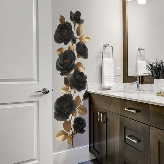 Black Rose and Golden Leaf Wall Sticker | Removable PVC Bathroom Decor ...