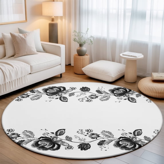 Black Roses 6' Round Rug for Living Room Under Coffee Table, Botanical ...