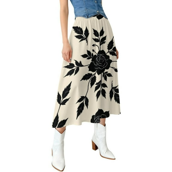 Black Roses And Leaves Women High Waist Midi Skirt Elegant Midi Skirt ...