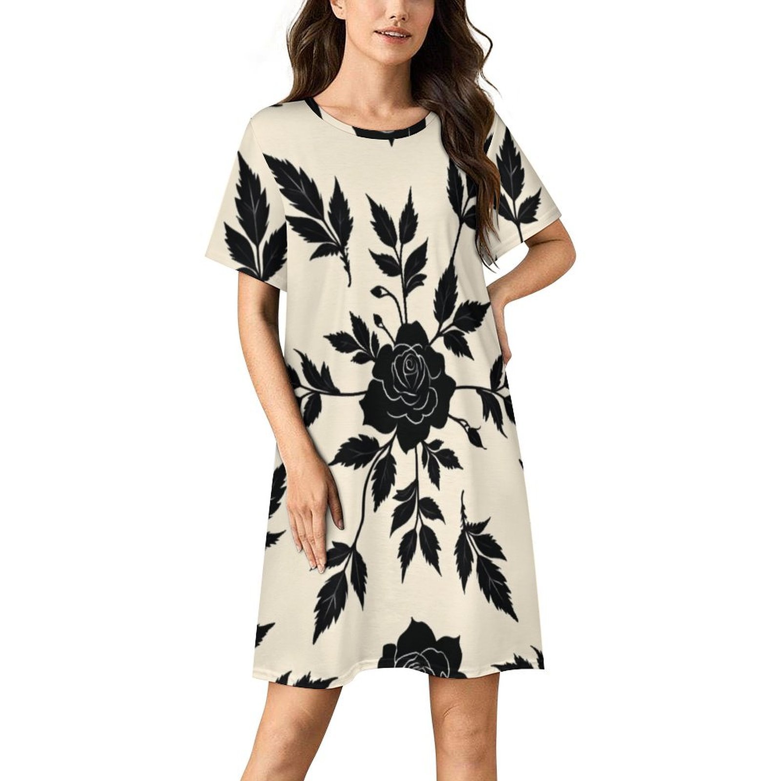 Black Roses And Leaves Women Nightgown Sleepwear Short Sleeves For ...