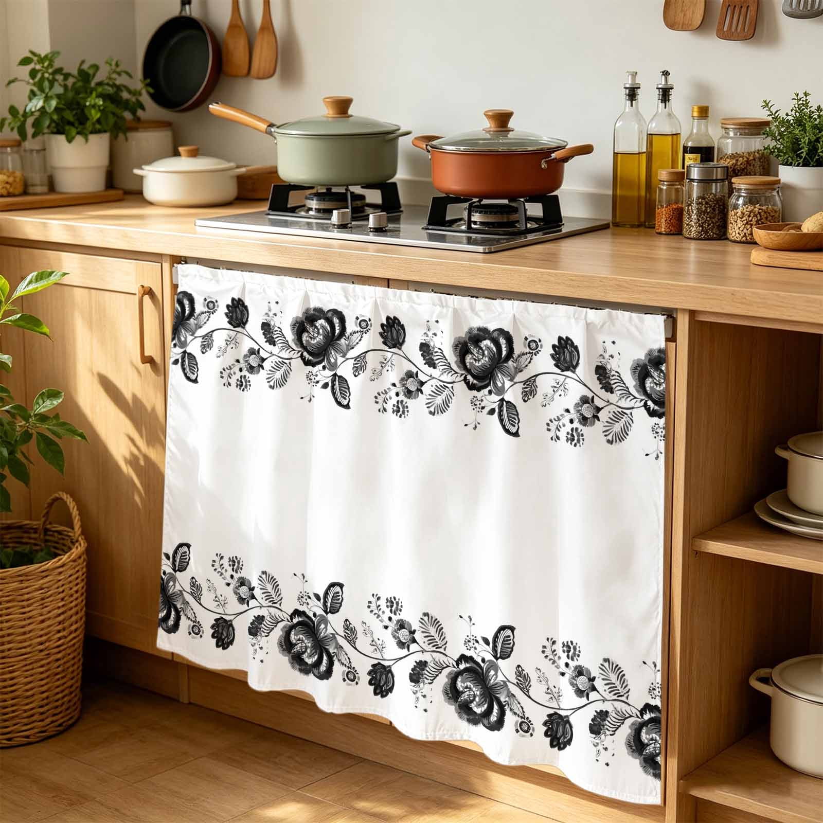 Black Roses Cabinet Curtains 35" W x 35" L, Botanical Floral Leaf ...