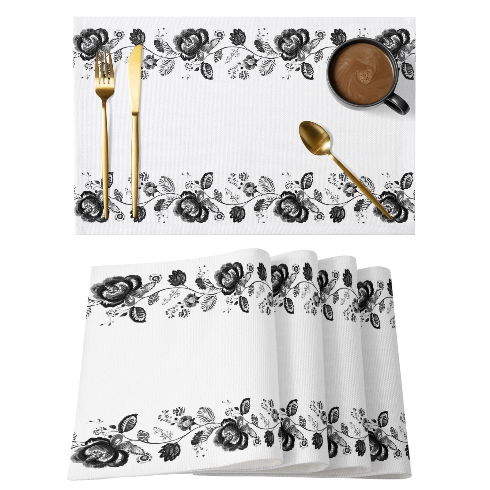 Black Roses Cotton Linen Placemats Set of 2, Botanical Floral Leaf ...