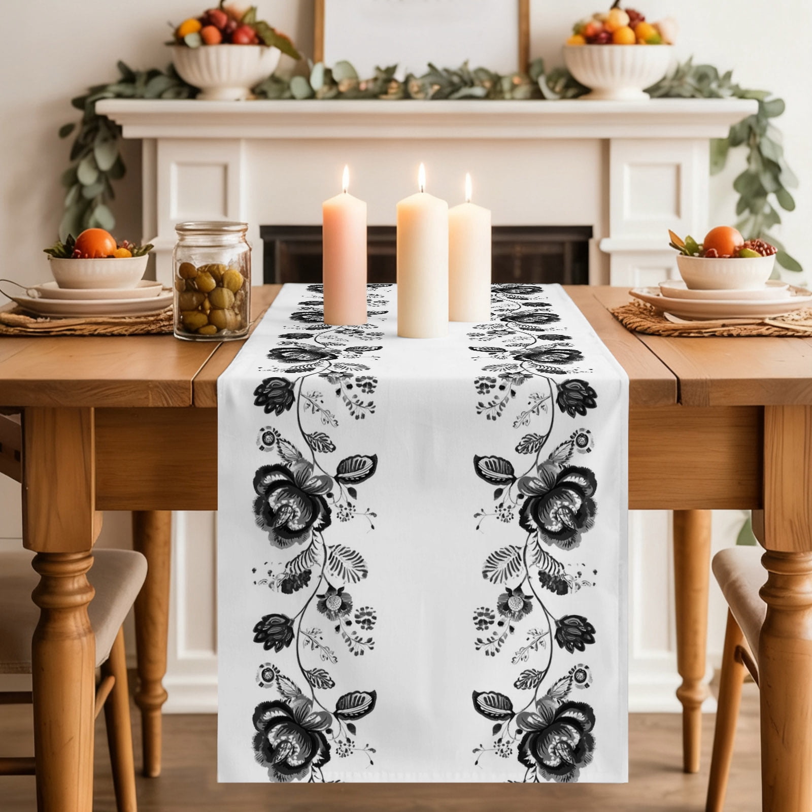 Black Roses Dining Table Runner, Botanical Floral Leaf Vintage Washable ...