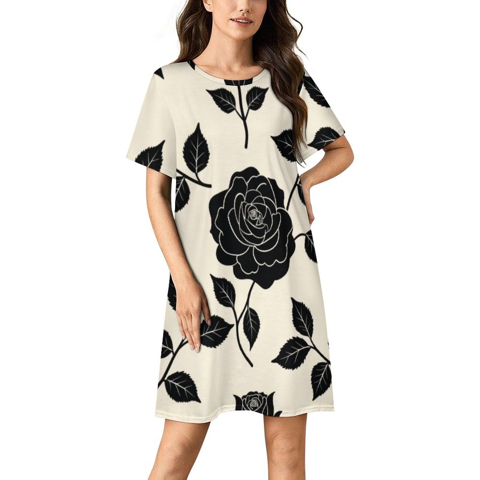 Black Roses Floral Pattern Women Nightgown Sleepwear Short Sleeves For ...