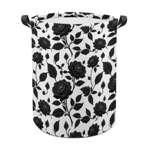 Black Roses Pattern on White Large Dirty Clothes Hamper Foldable ...