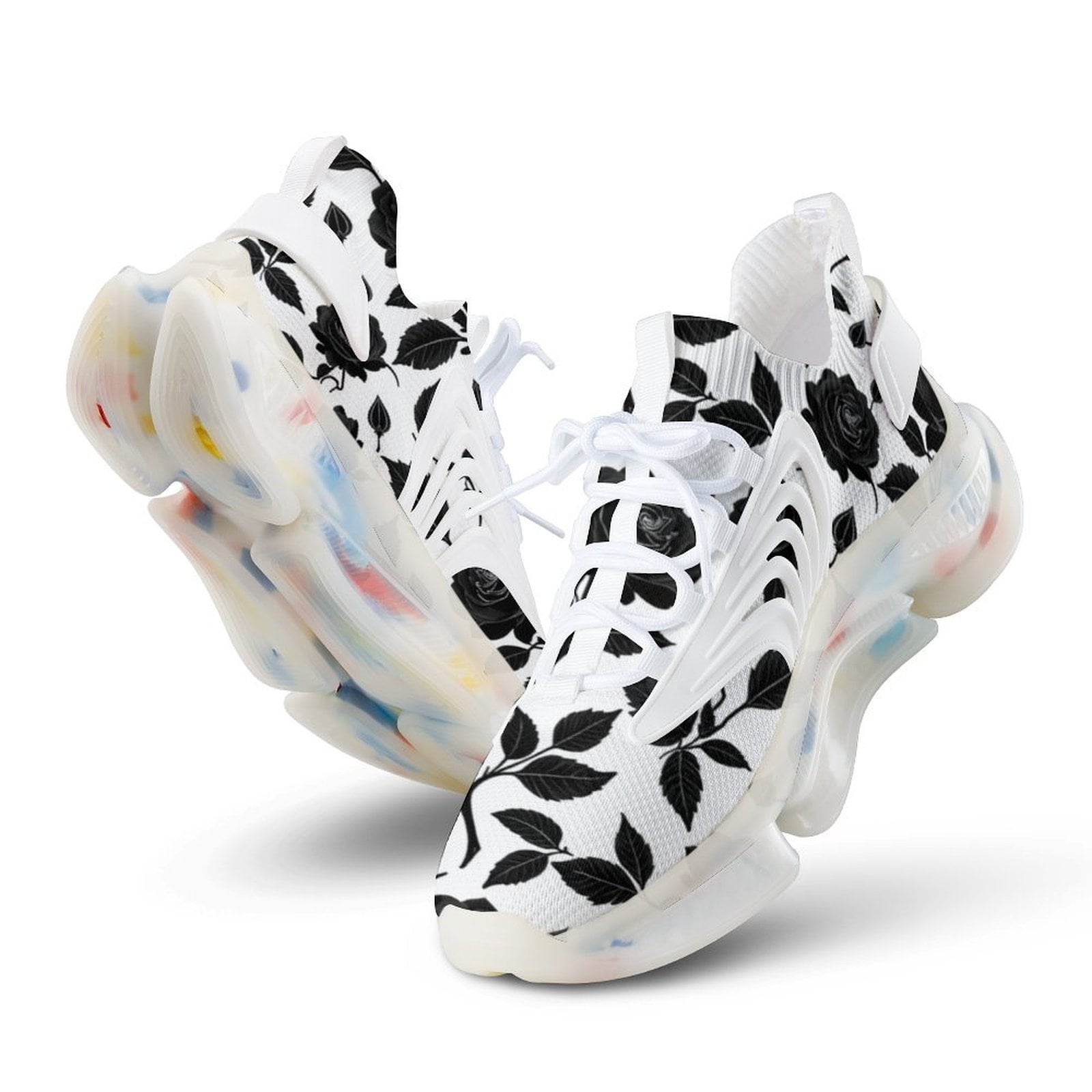 Black Roses Pattern on White Walking Shoes for Men Woman Lightweight Tennis Fashion Elastic ...
