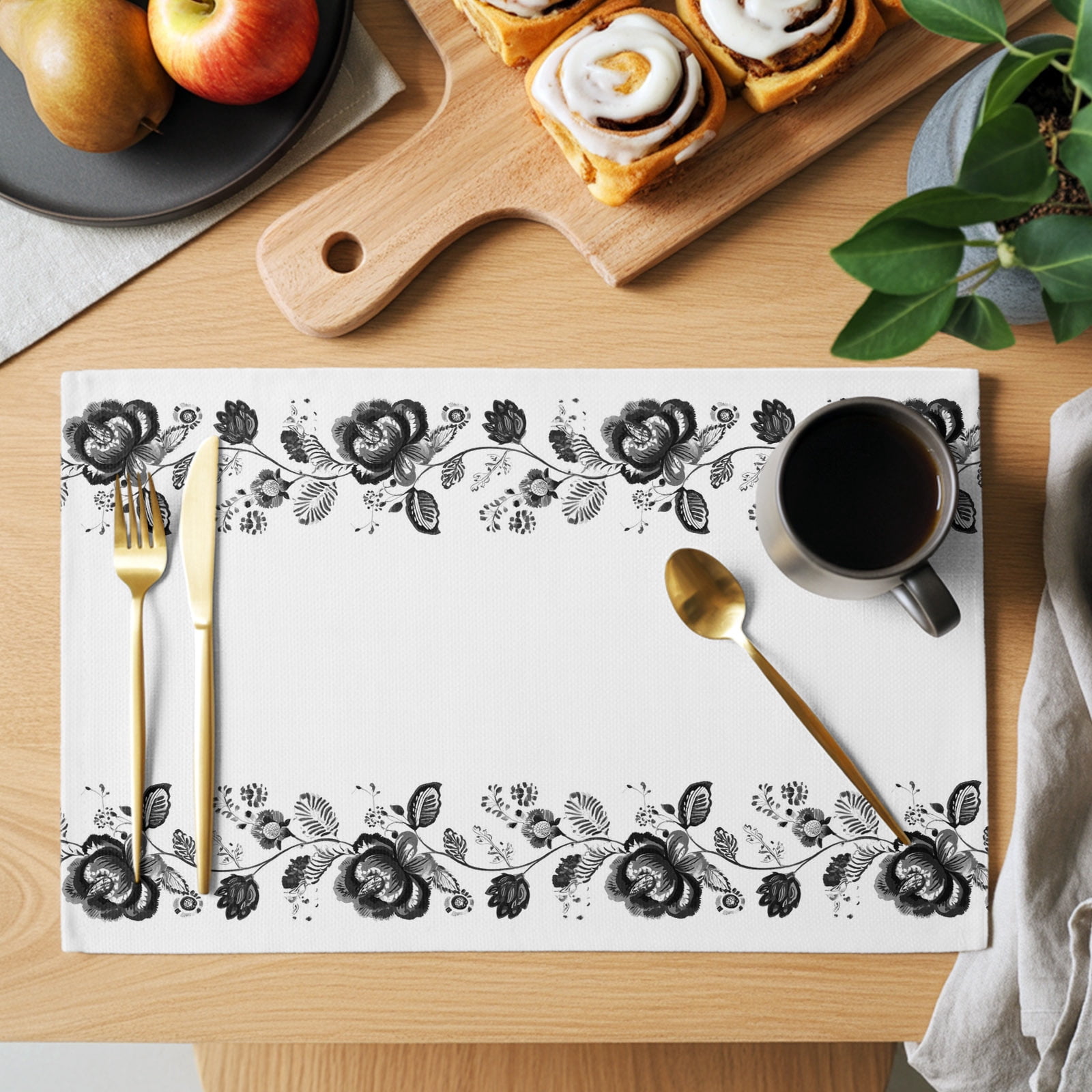 Black Roses Placemats Set of 6, Botanical Floral Leaf Vintage Heat ...