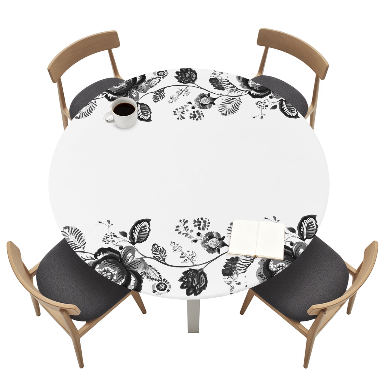 Black Roses Round Fitted Table Cover Botanical Floral Leaf Vintage ...