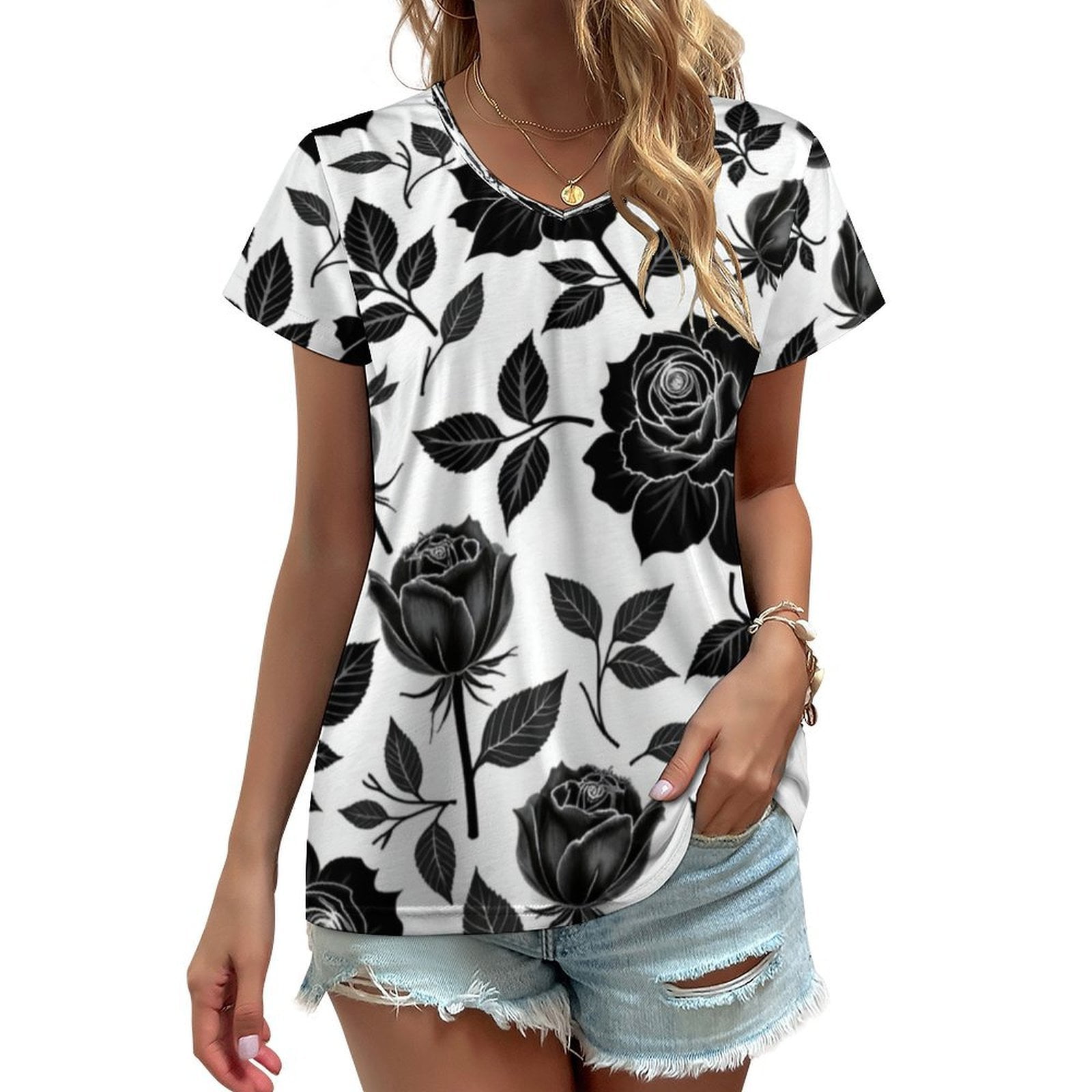 Black Roses Seamless Pattern Women's Blouse Short Sleeve Women's Top T ...
