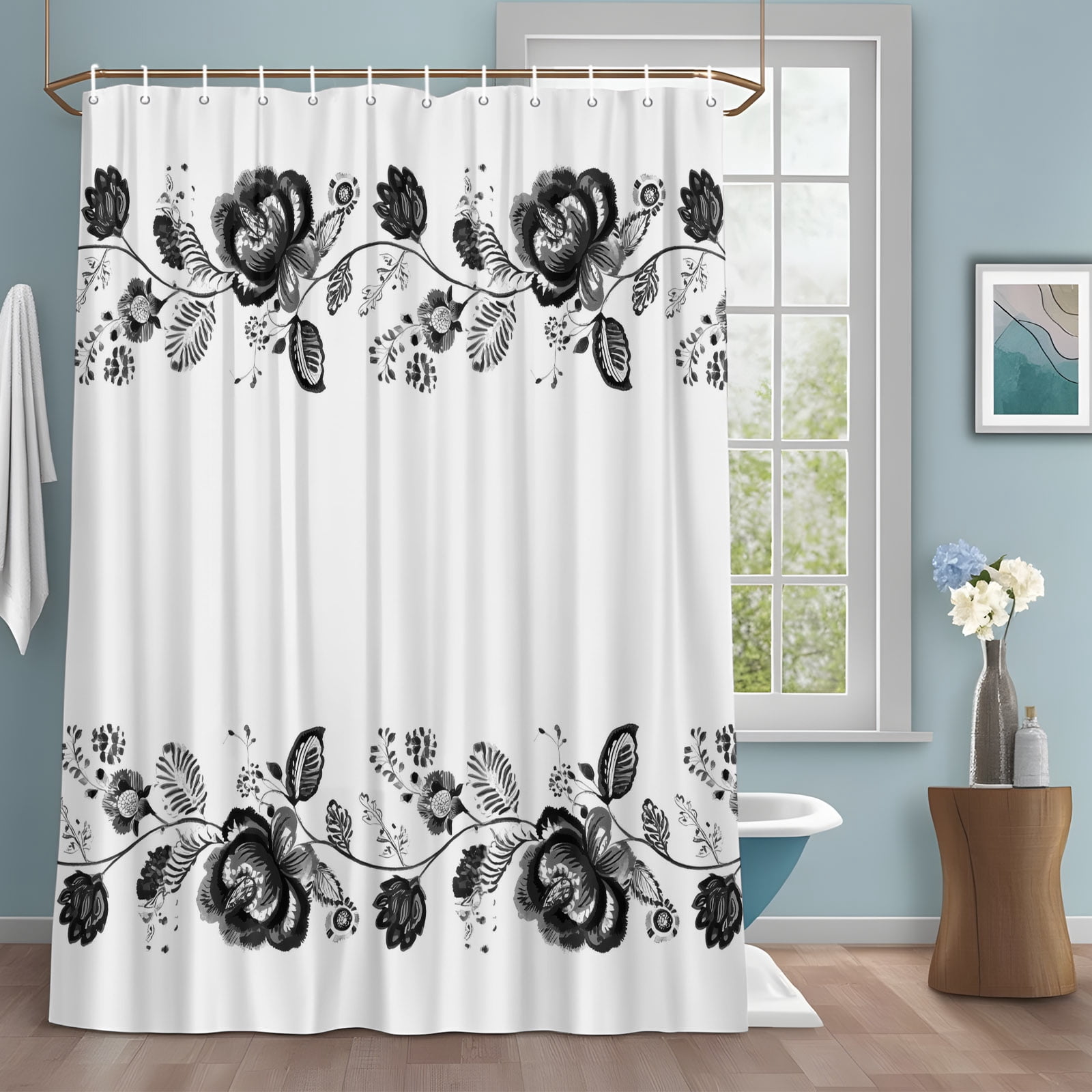 Black Roses Shower Curtain Set with Hooks, Botanical Floral Leaf ...