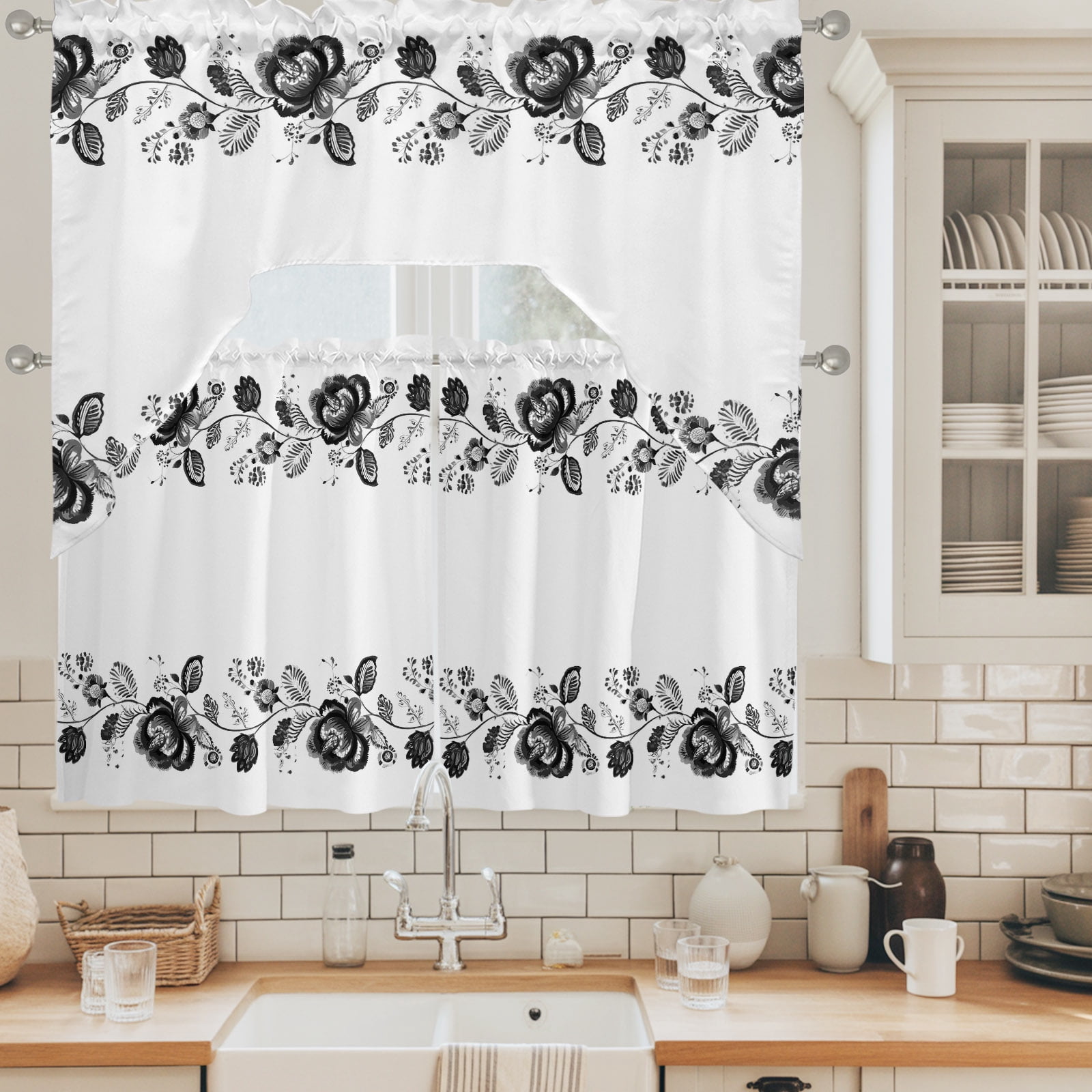 Black Roses Swag Curtains Valance and Tier Set, Botanical Floral Leaf ...