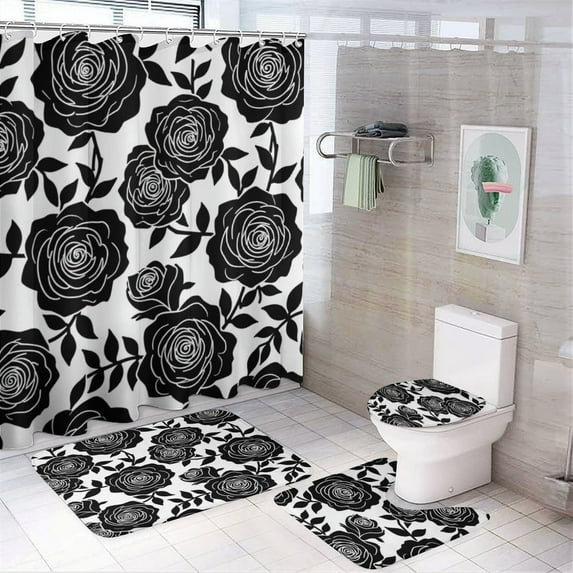 Black Roses on White 4 Pcs Bathroom Shower Curtain Set, Bathroom Sets ...