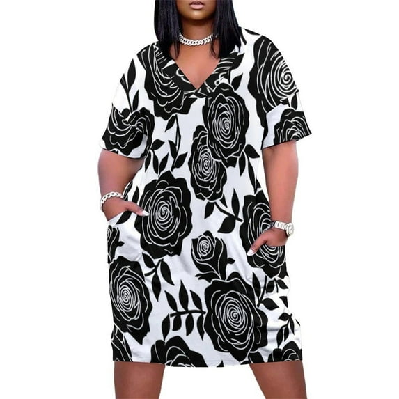 Black Roses on White Loose Pocket Dress Dresses Summer Summer Dresses ...