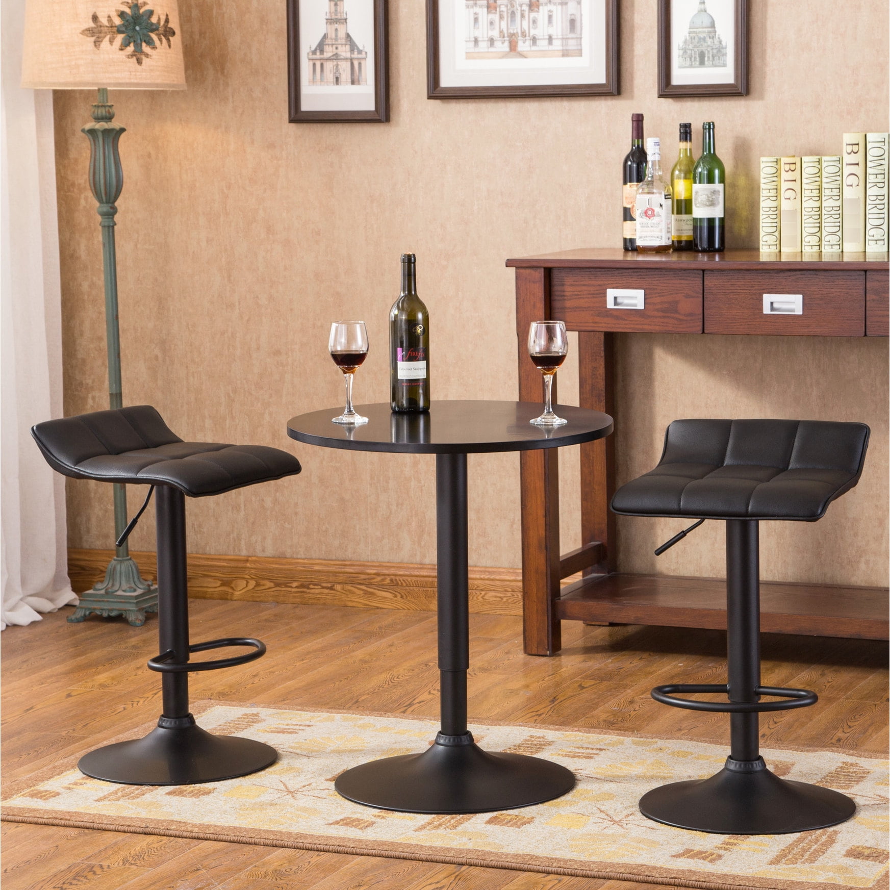 Black Round Bar Table and 2 Leather Adjustable Stools / 360 Degree ...