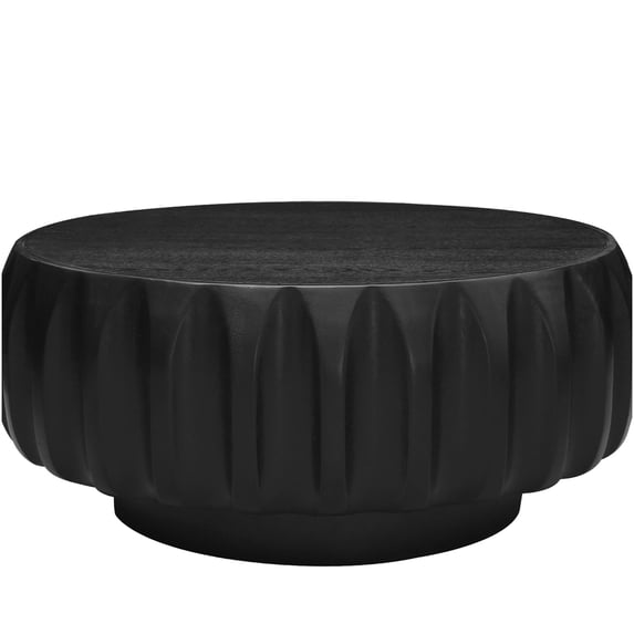 Black Round Carved Wood Coffee Table with Sculptural Base for Living ...