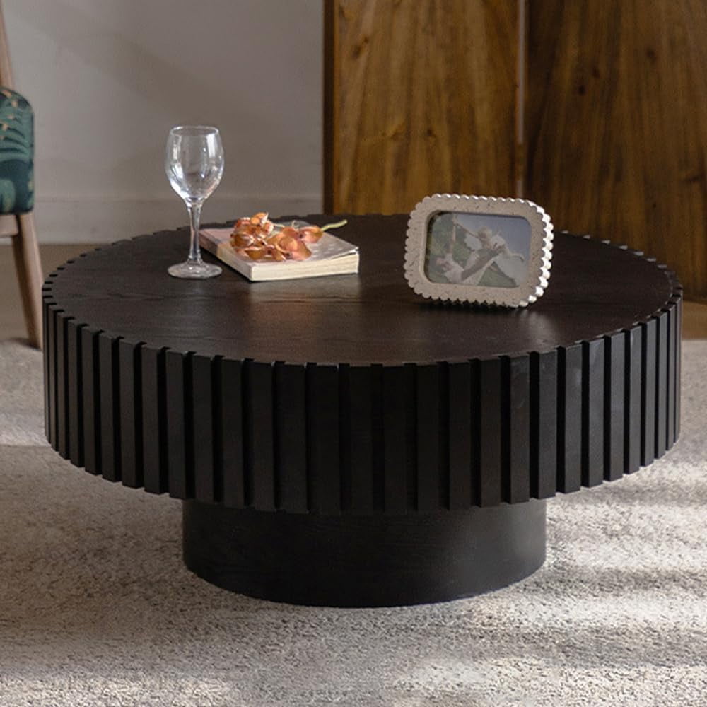 Black Round Coffee Table Round Fluted Coffee Table Wood Drum Coffee ...