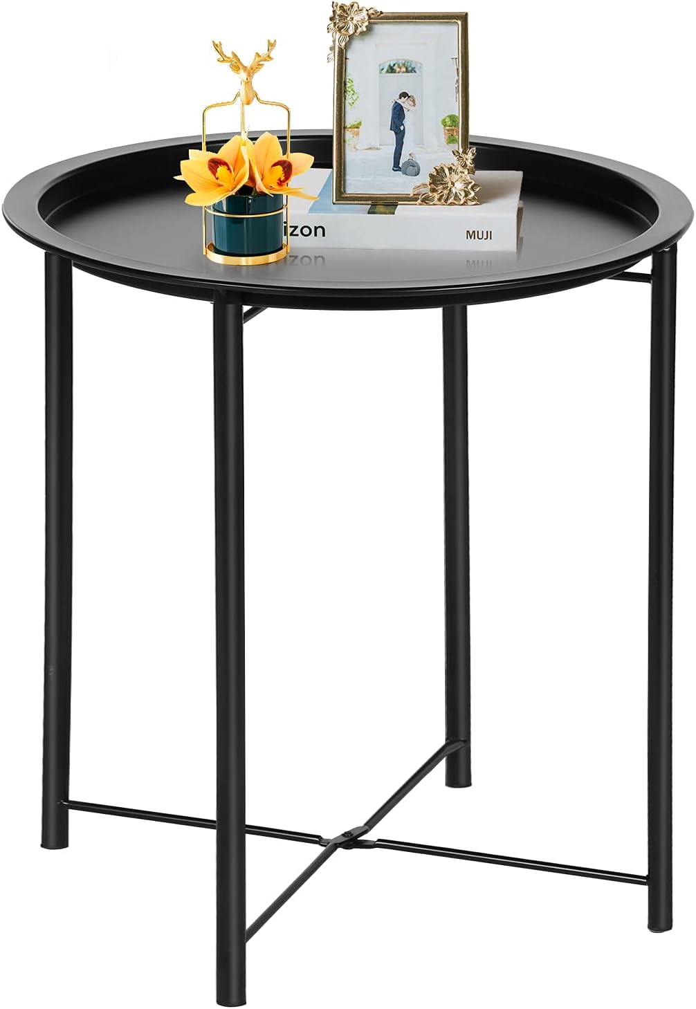 Black Round Folding Side Table - Metal Waterproof Tray Table for Indoor ...
