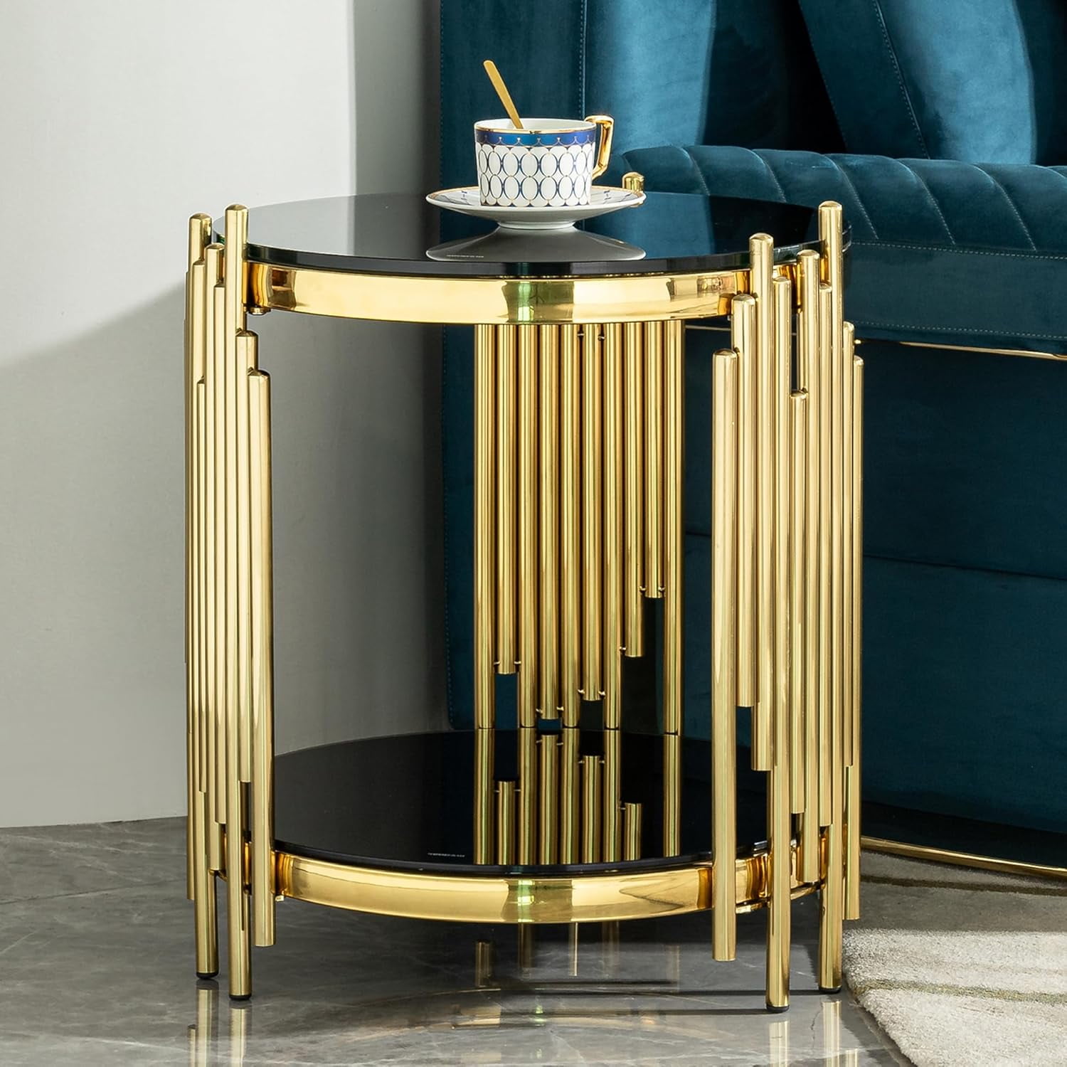 Black Round Glass End Table Luxury Gold Side Table 17.7" Modern Small ...