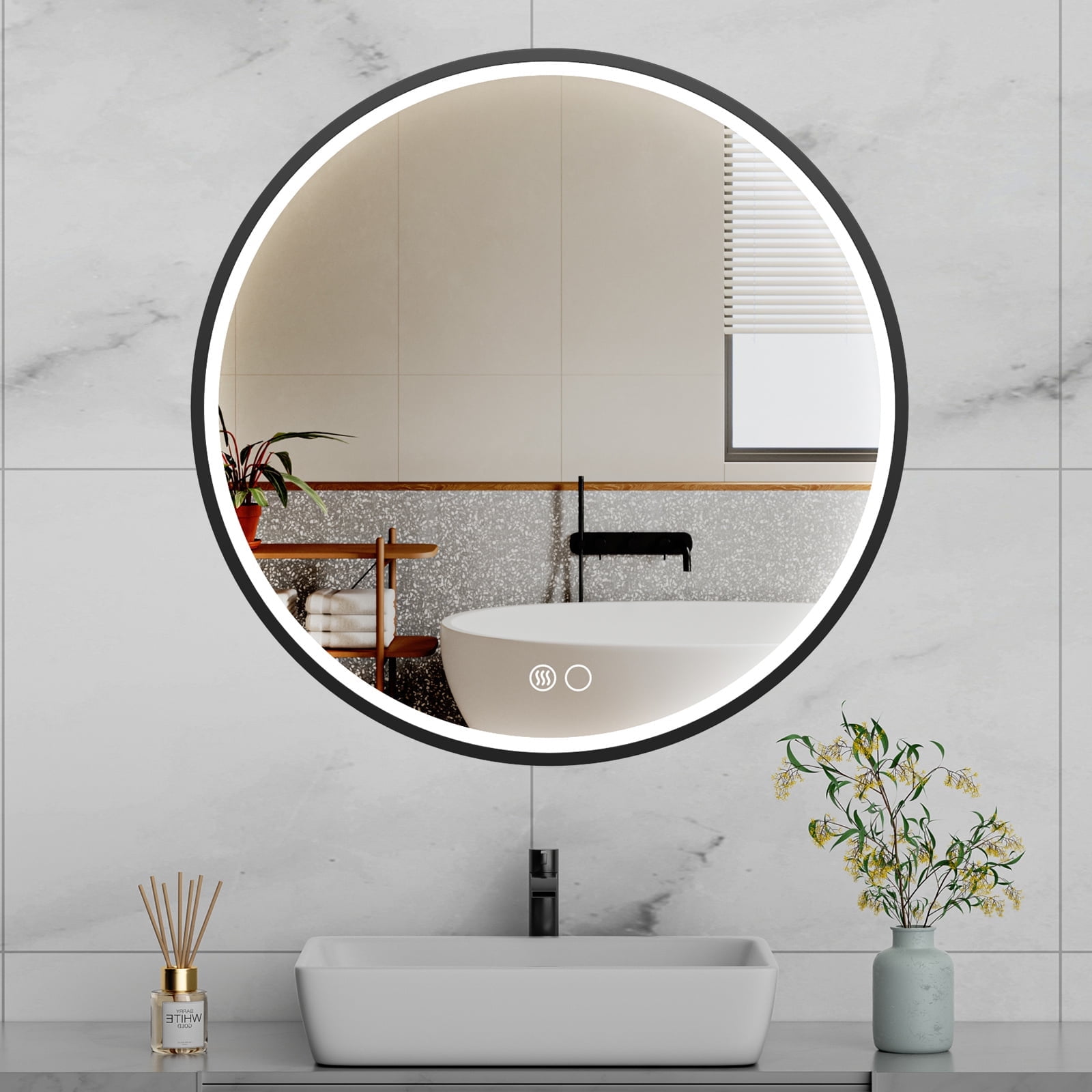 Black Round LED Mirror for Bathroom, 36 Inch Frame Circle Mirror with ...