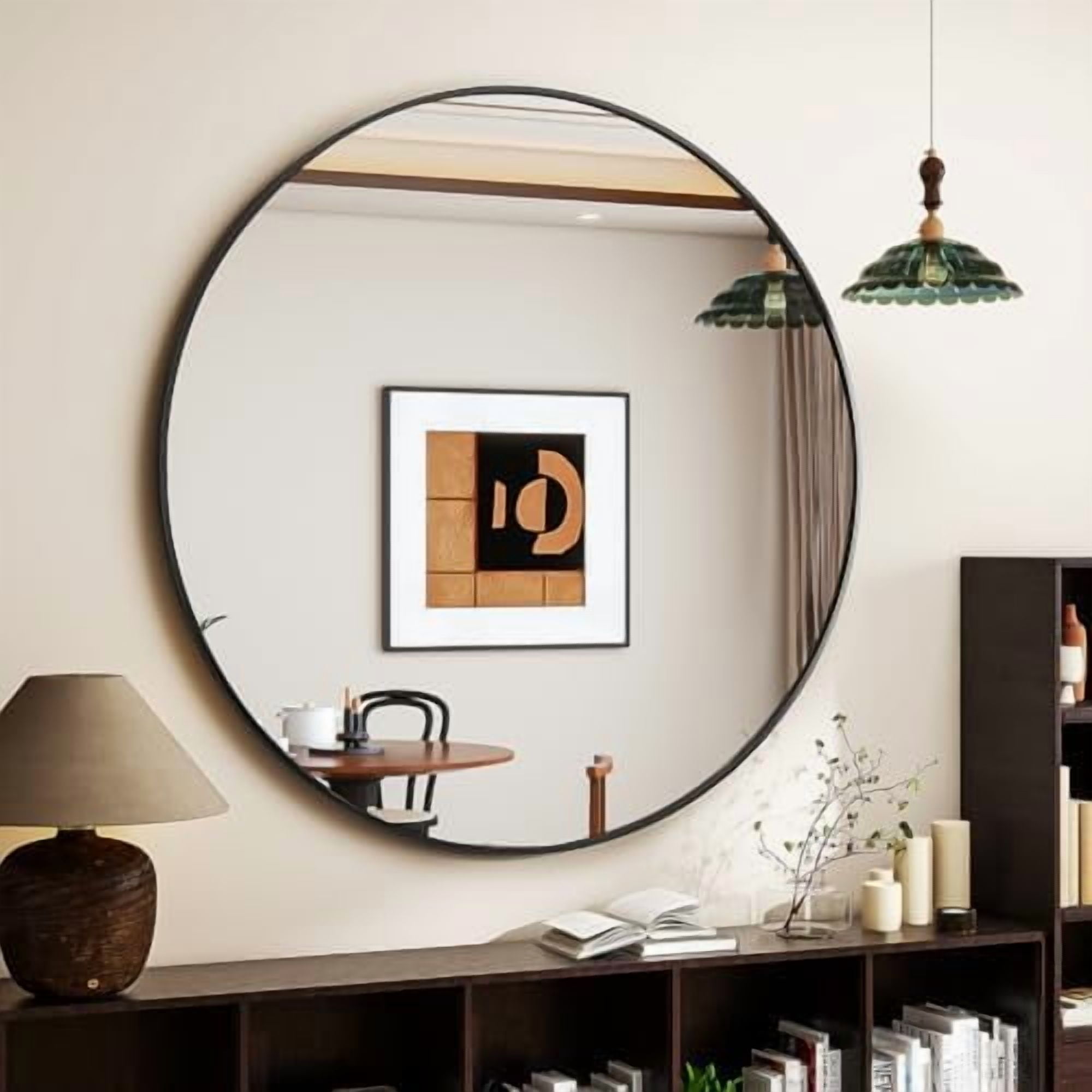 Black Round Mirror, 32 Inch Bathroom Mirror with Metal Frame, Wall Wall ...