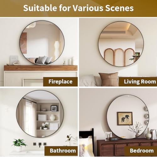 Black Round Mirror, 42 Inch Bathroom Mirror with Metal Frame, Wall Wall ...