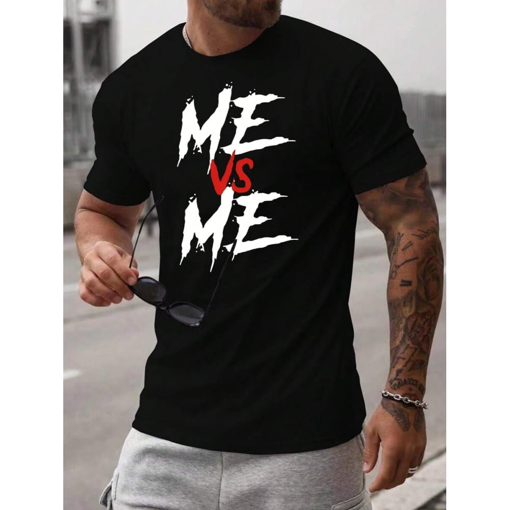 Black Round Neck Short Sleeve Mens Graphic T-Shirt, Bold Me Vs Me Print ...