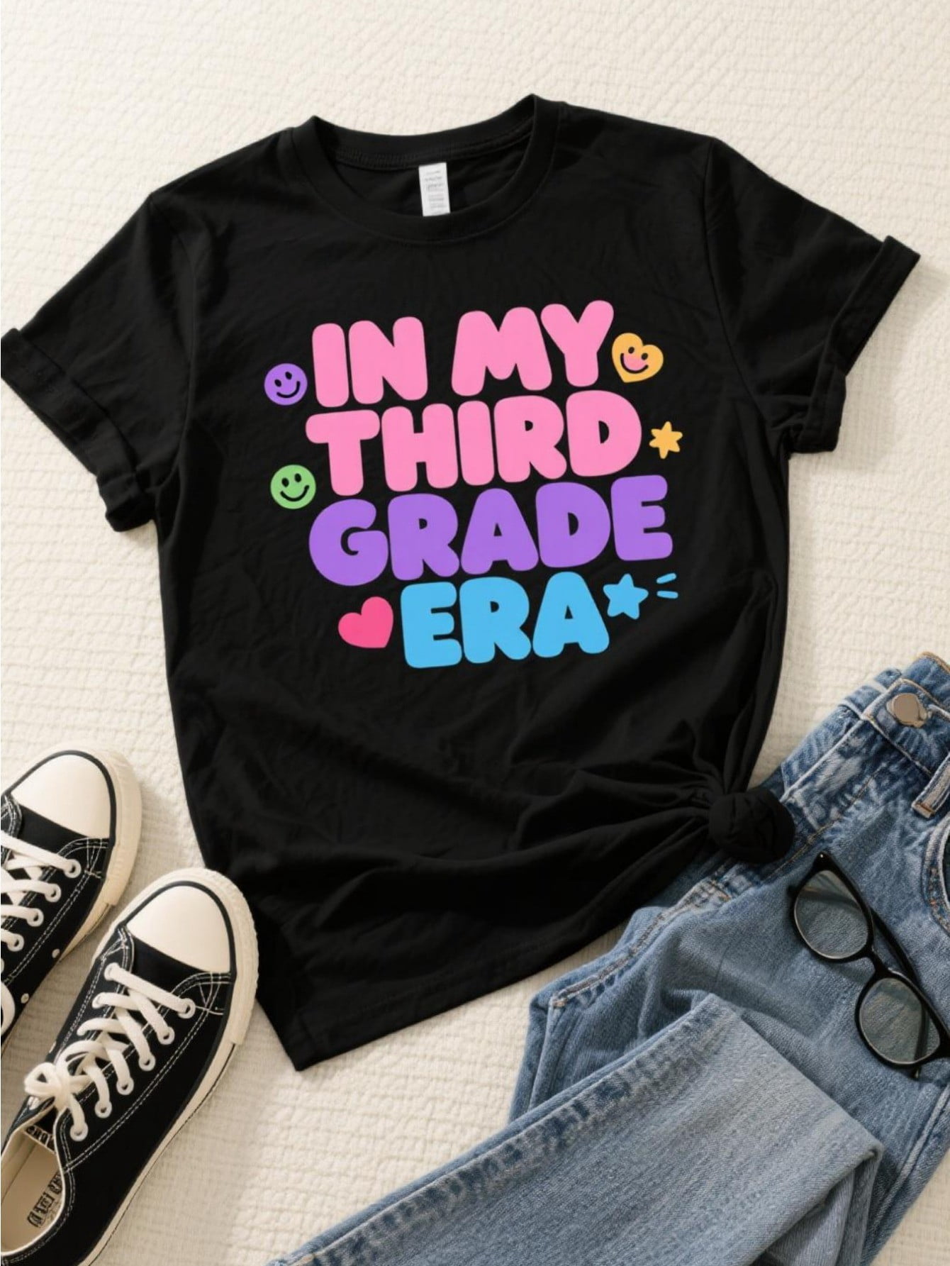 Black Round Neck Short Sleeve Youth T-Shirt. Colorful Font "IN MY Third ...