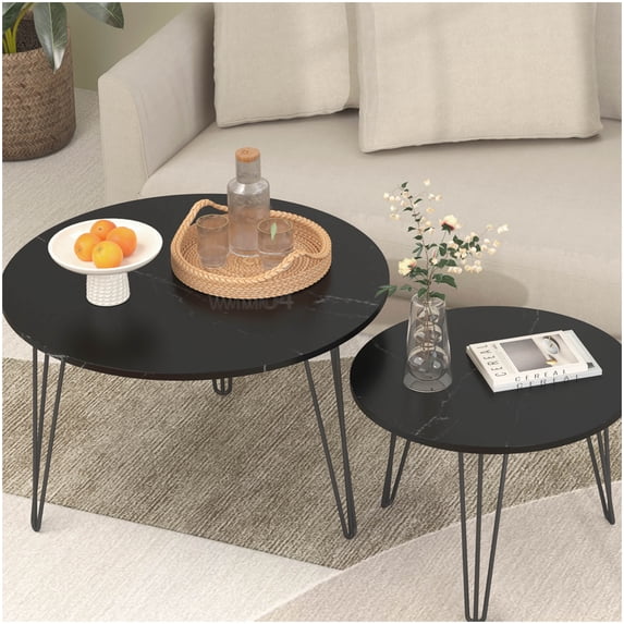 Black Round Nesting Coffee Tables with Imitation Marble Top and Metal ...