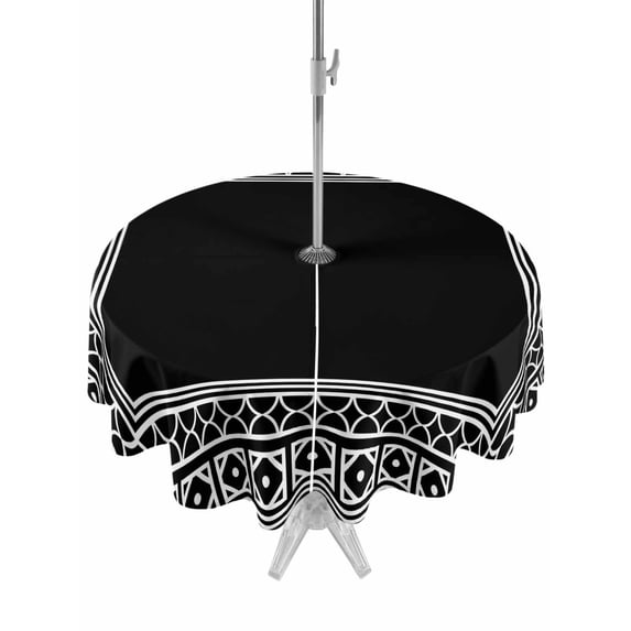 Black Round Outdoor Tablecloth with Umbrella Hole Boho Diamond Pattern ...