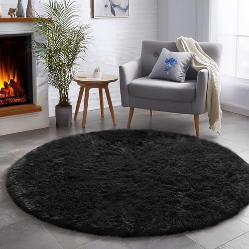 Black Round Rug 4Ft for Bedroom, Fluffy Circle Area Rugs for Living ...