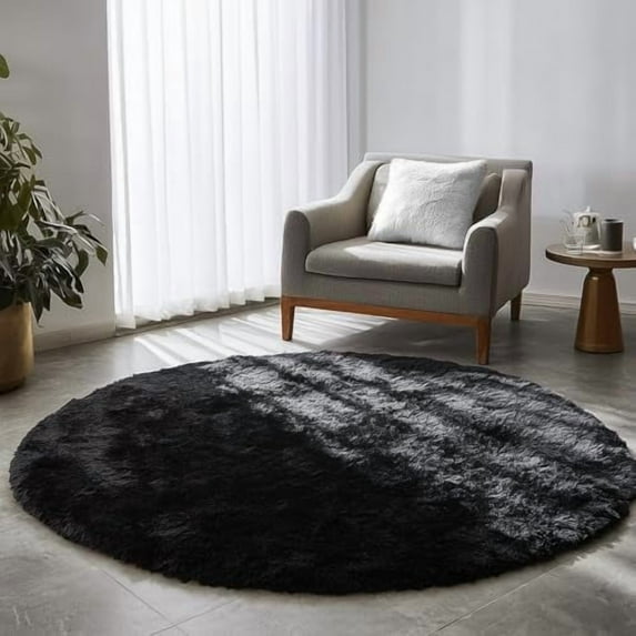 Black Round Rug 6Ft for Bedroom Aesthetic, Fluffy Plush Circle Area ...