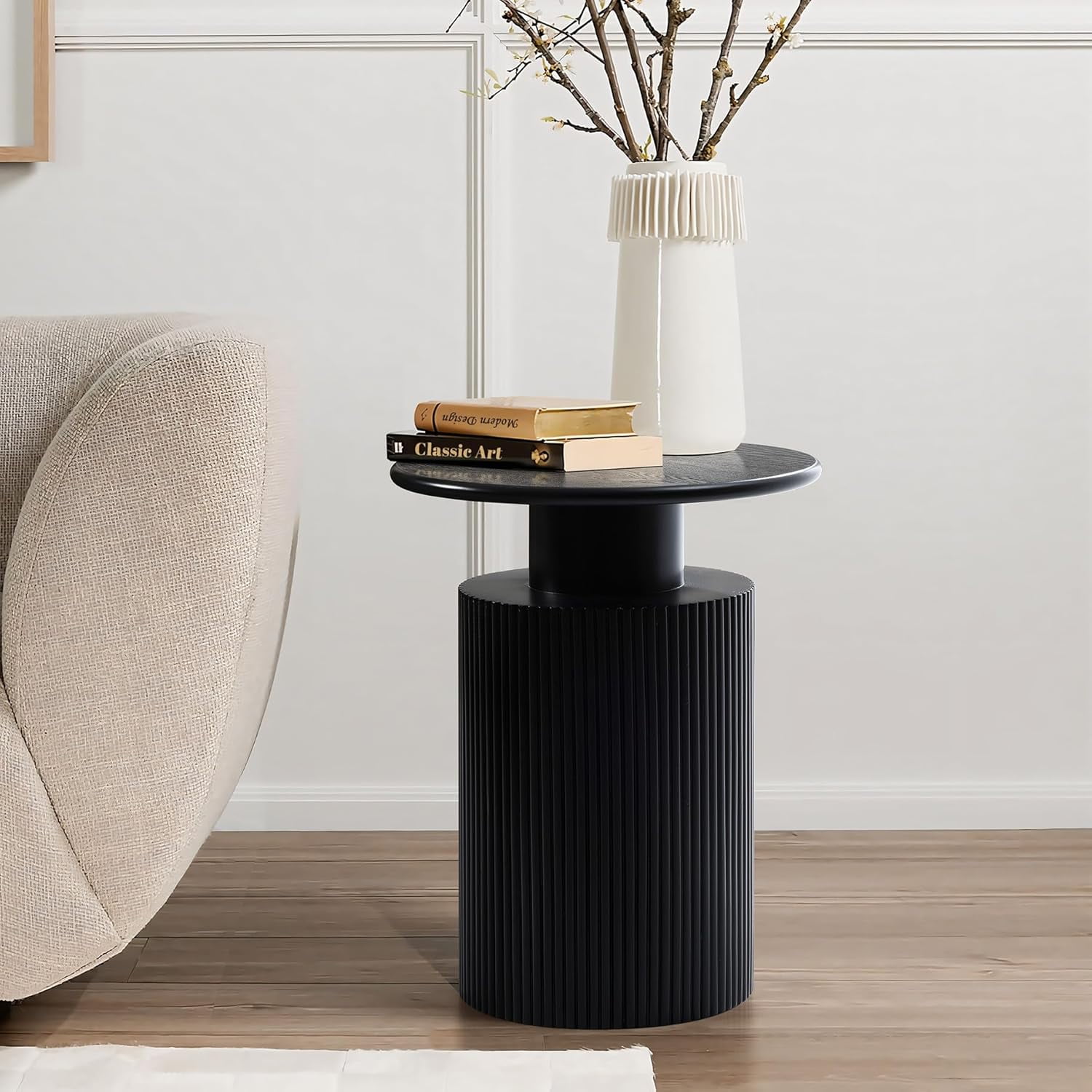 Black Round Side Table, 22" Fluted End Table for Small Spaces, Modern ...