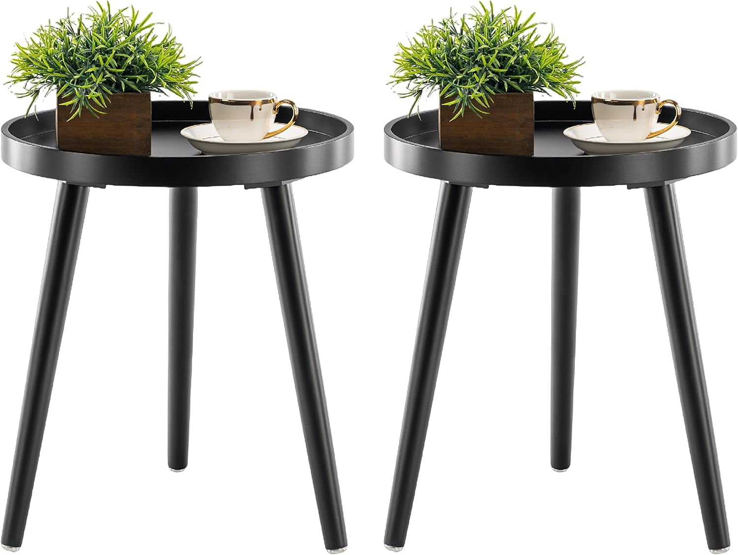 Black Round Side Table Set of 2, Tray Nightstand Sofa Coffee End Table ...
