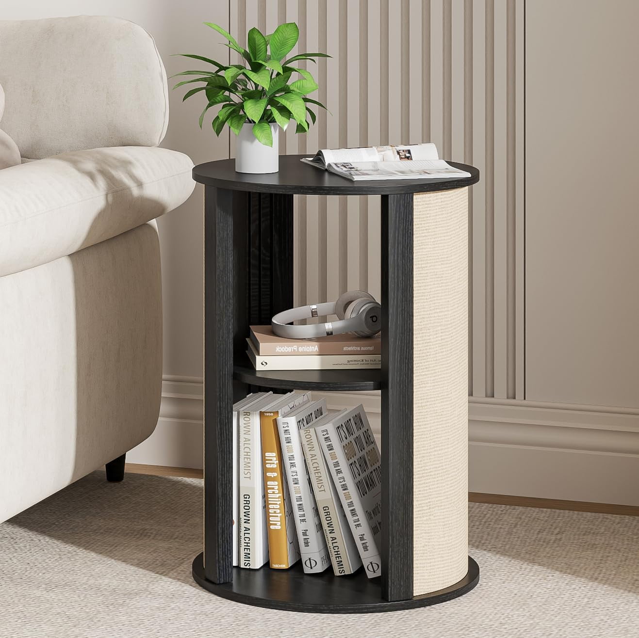 Black Round Side Table for Sofa, Boho Round Nightstand, Couch Bedside ...
