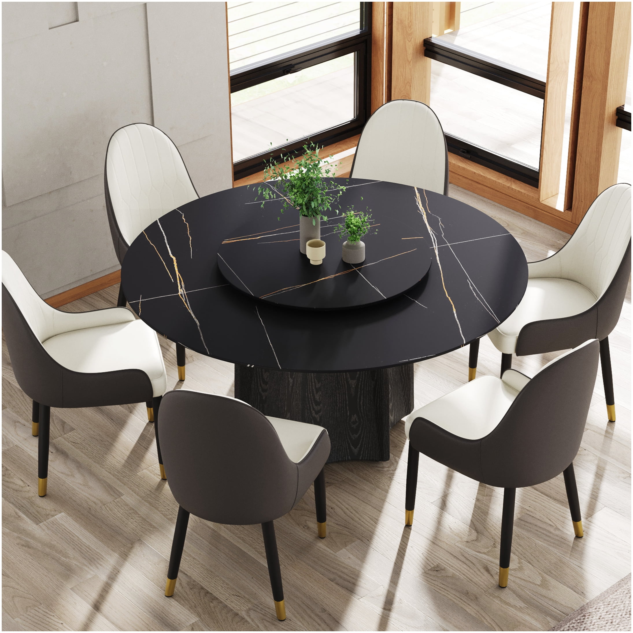 Black Round Sintered Stone Dining Table with Solid Wood Pedestal Base ...