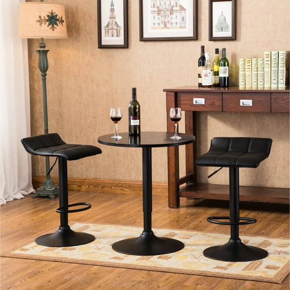 Black Round Table and 2 Leather - Covered Stools - Easy Height ...