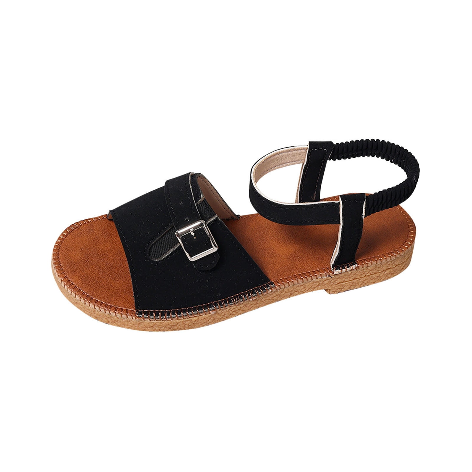 Black Round Toe Elastic Strap Sandals For Women Open Toe Flat Heel ...
