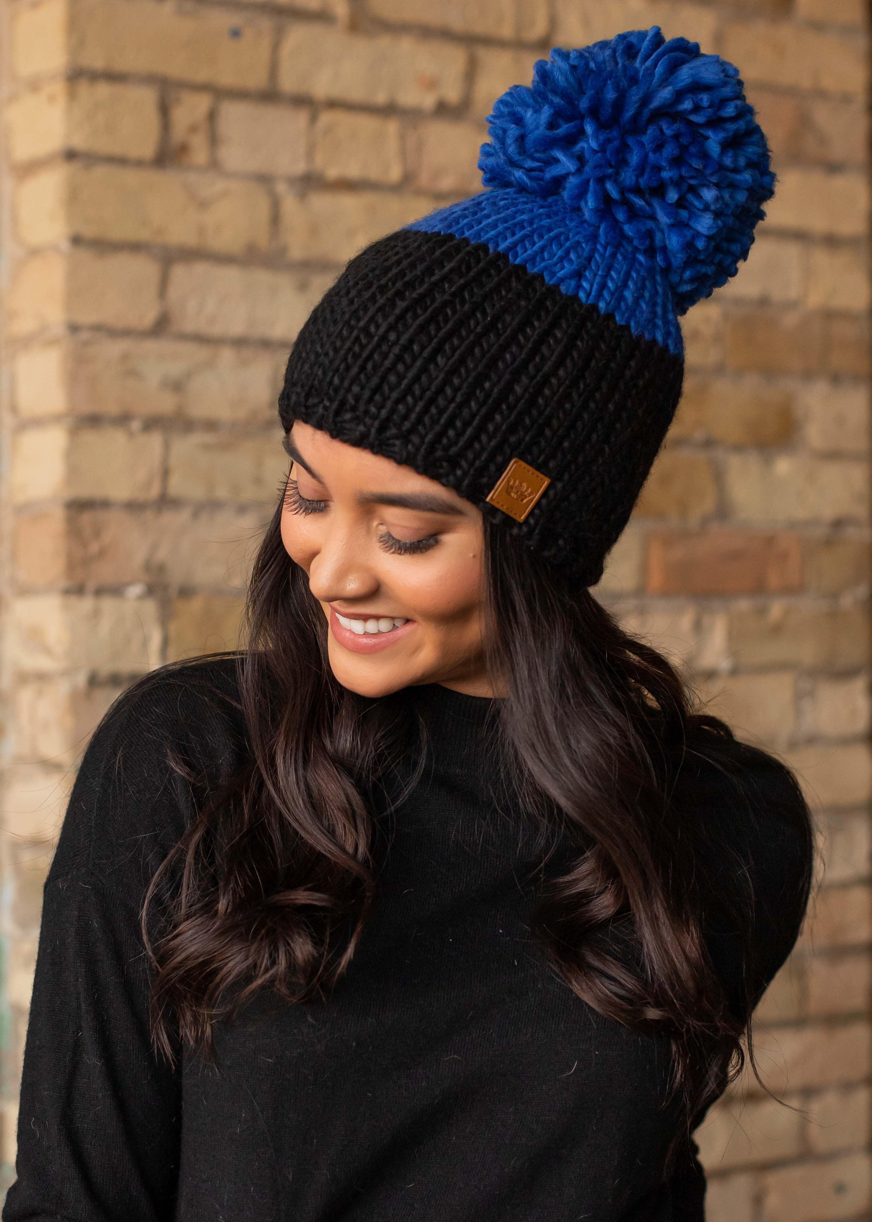 Black/Royal Blue Color Block Pom Hat, Solid Color Knit Pom Pom Cuff ...