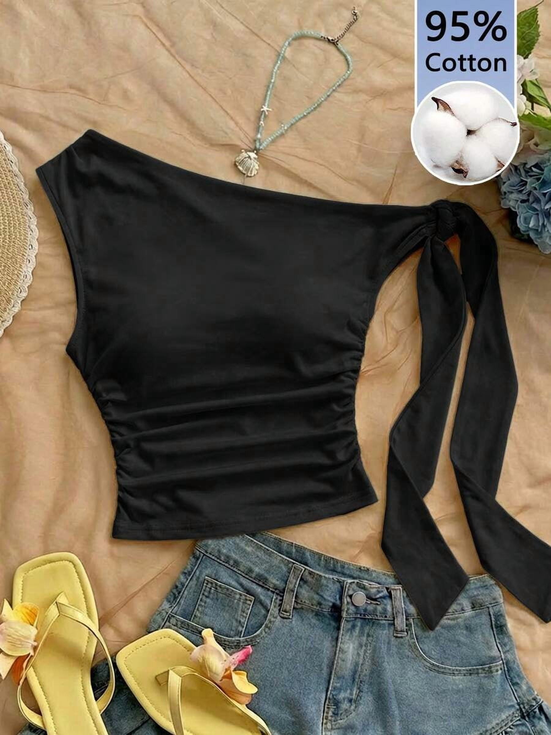 Black Ruched Asymmetric One Shoulder Tie-Front Crop Top For Women ...