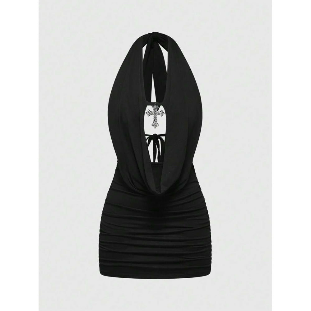 Black Ruched Backless Mini Dress With Cross Pendant And Draped Halter ...