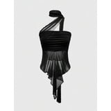 Black Ruched One-Shoulder Bandeau Top With Detachable Sheer Mesh Scarf ...
