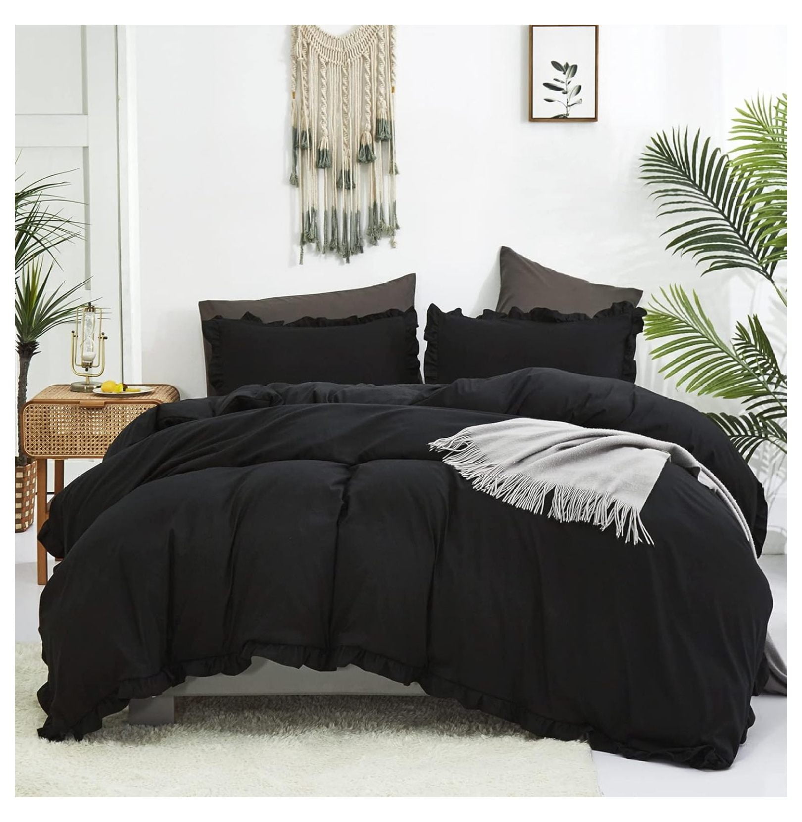 Black Ruffle Comforter Set King Pure Black Farmhouse Bedding Comforter ...