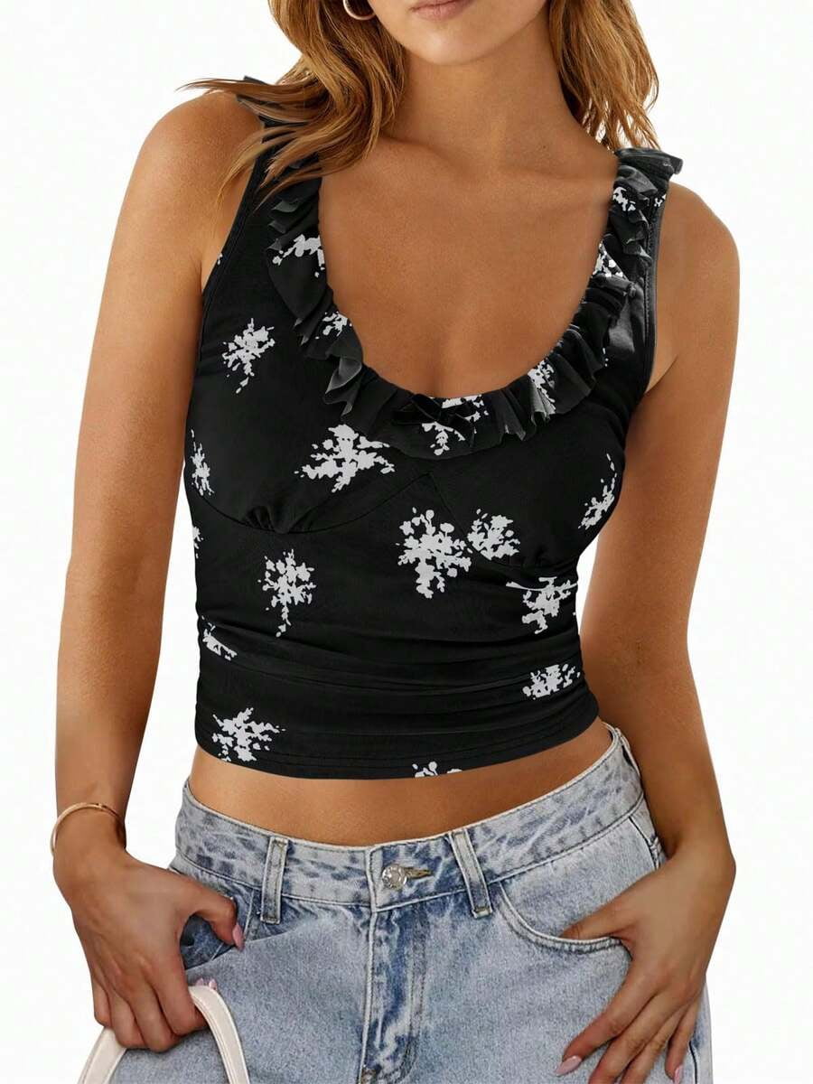 Black Ruffle Deep V-Neck Crop Tank Top With White Floral Print ...