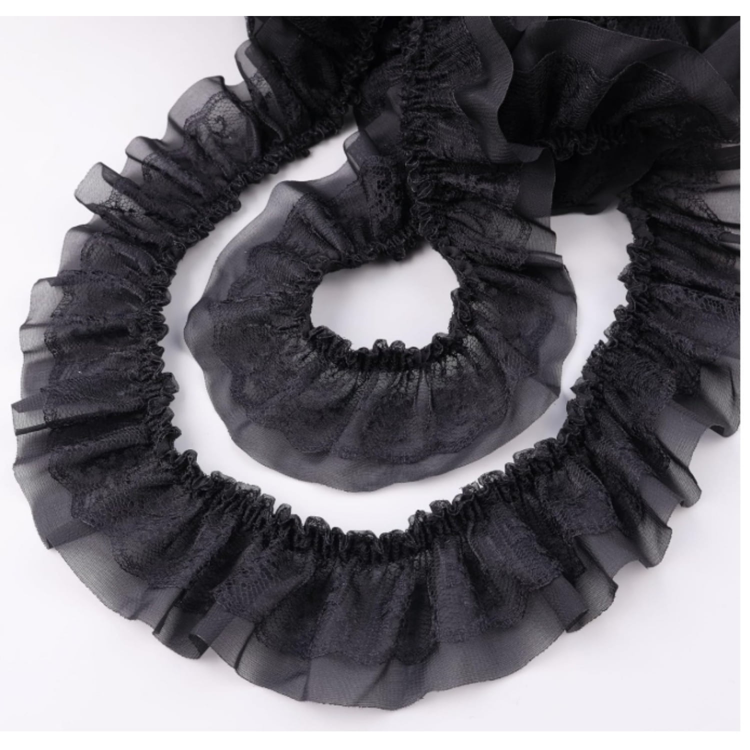 Black Ruffle Lace Trim Pleated Chiffon for Clothing and Decoration 5 ...