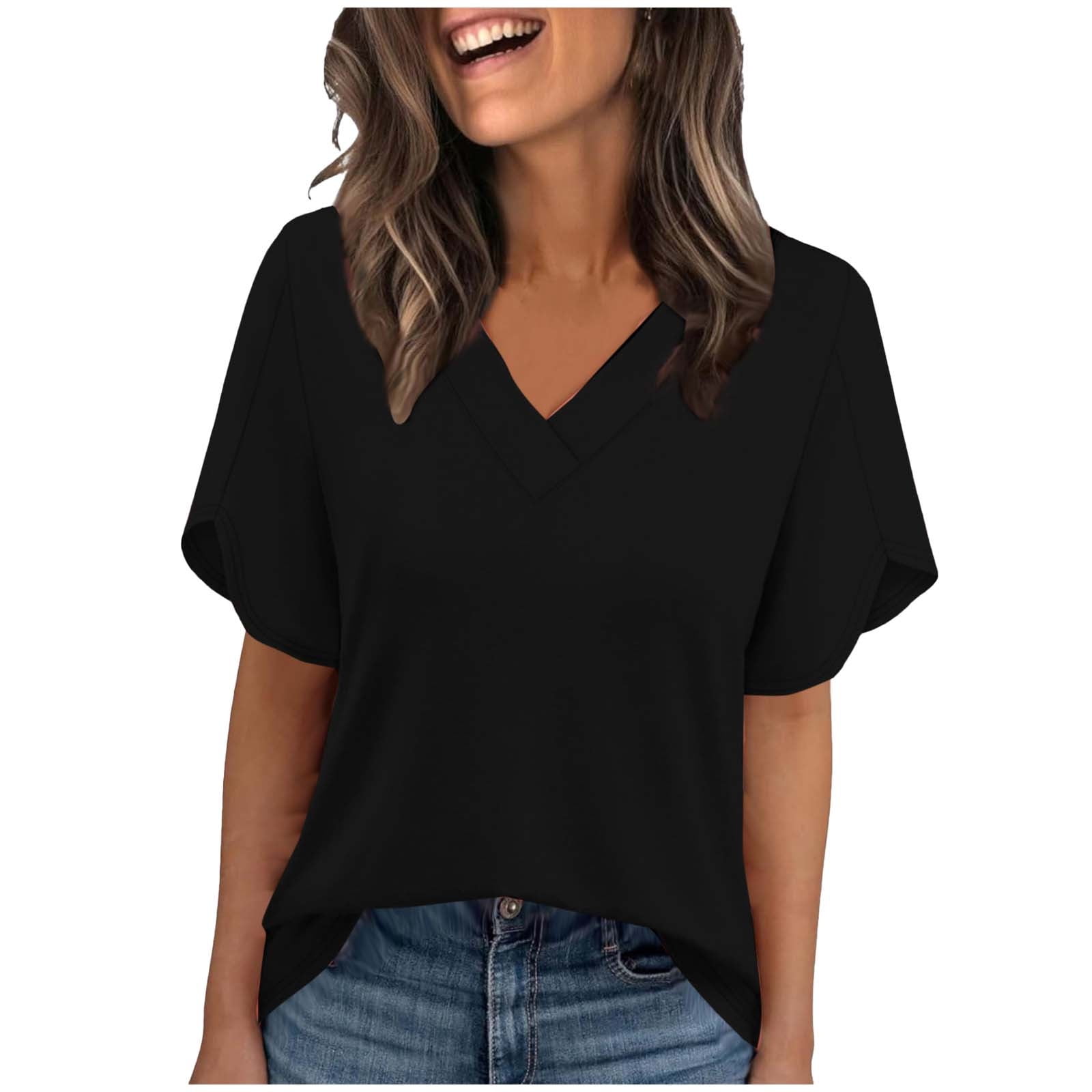 Black Ruffle Short Sleeve Tops for Women Fall Summer Vneck Spandex ...