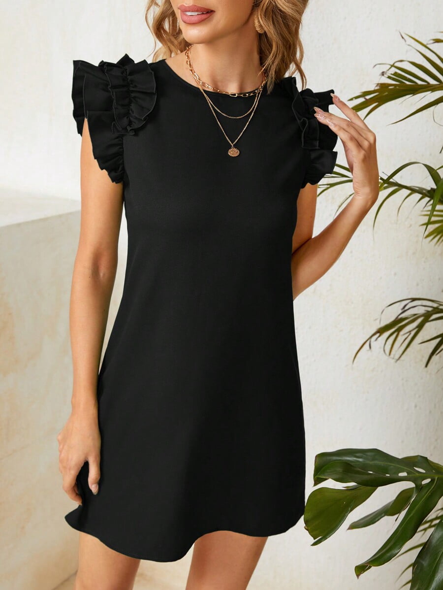 Black Ruffle Shoulder Solid A-Line Short Dress For Women - Walmart.com