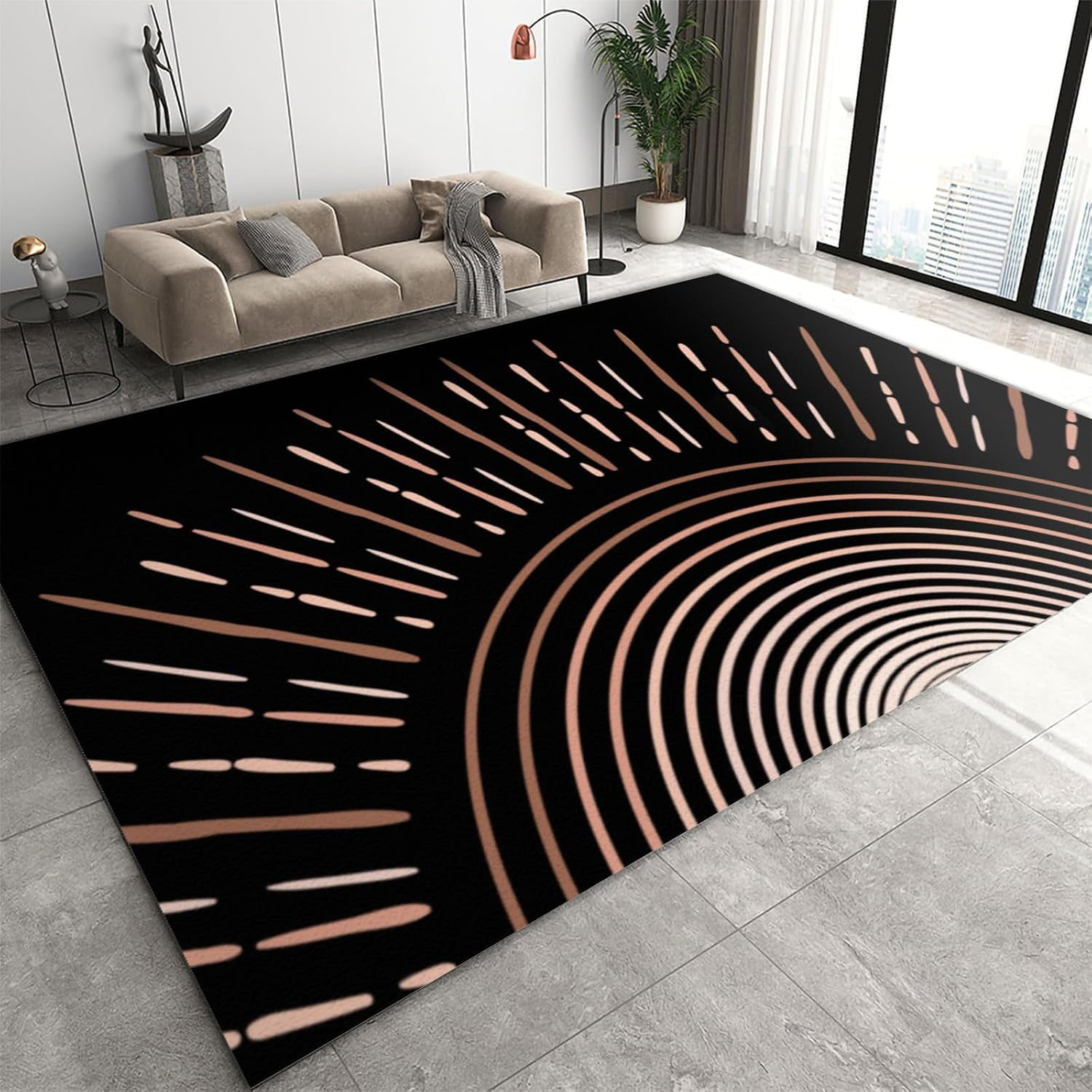 Black Rug Simple Geometric Gold Lines Living Room Area Rugs, Anti-Slip ...
