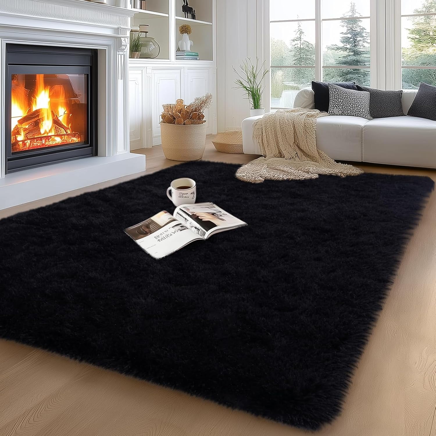 Black Rugs for Living Room, Large Fluffy 5x7 Area Rugs for Bedroom ...