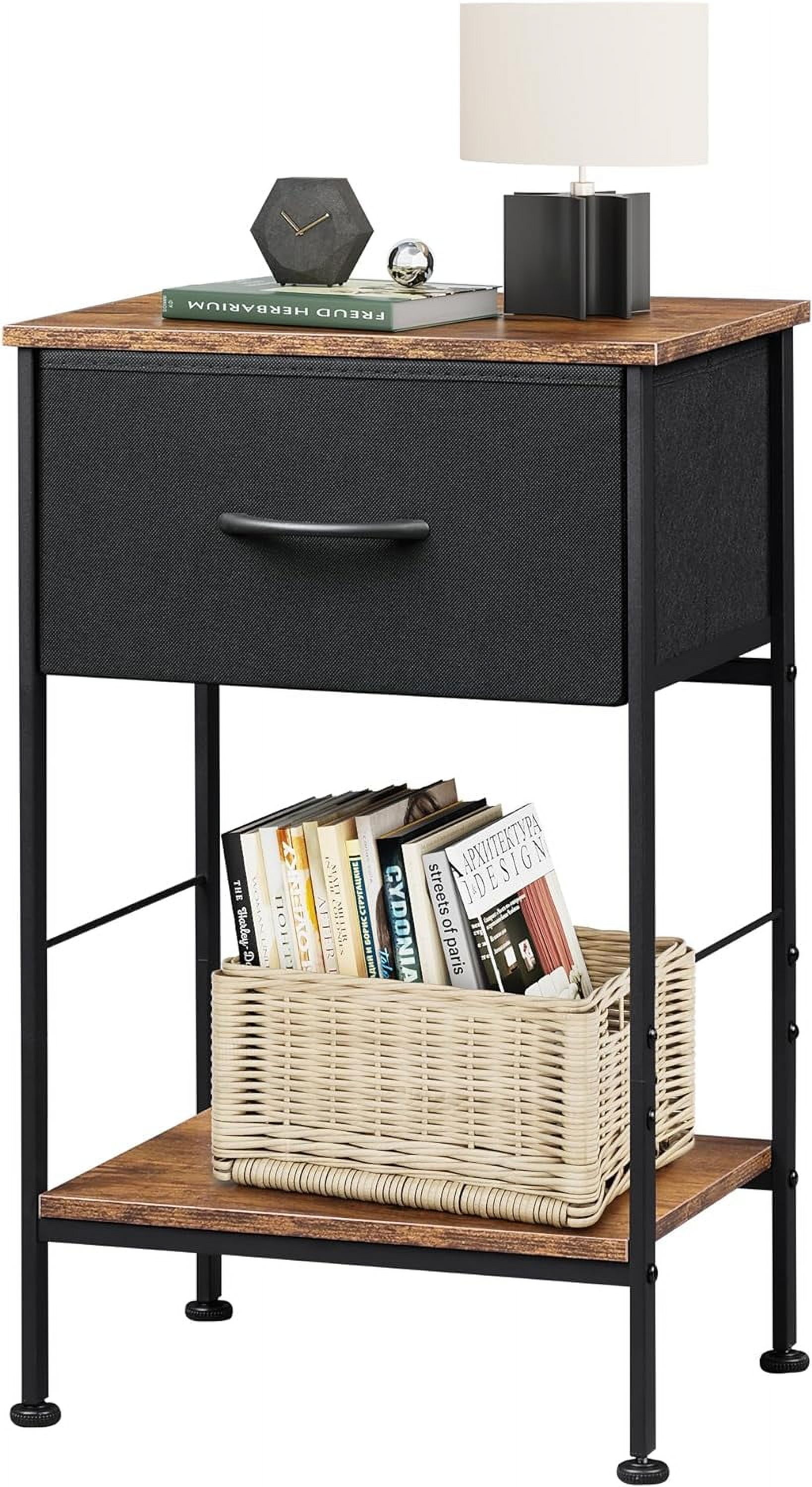 Black & Rustic Brown Nightstand with Fabric Drawer - 25" Tall Steel Frame End Table - Walmart.com